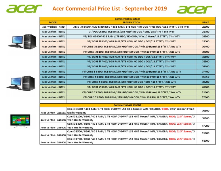 Acer Commercial Desktop Price List | PDF | Computing | Personal Computing