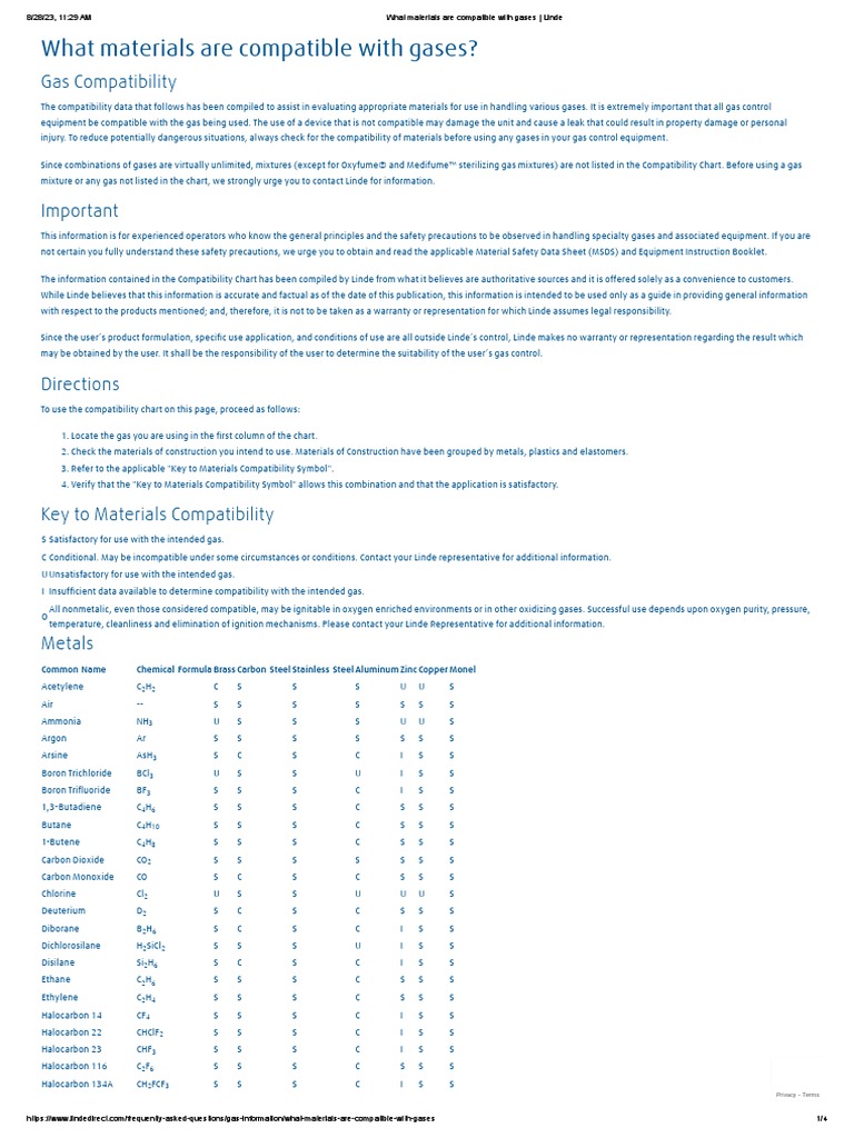What Materials Are Compatible With Gases - Linde | PDF | Gases ...