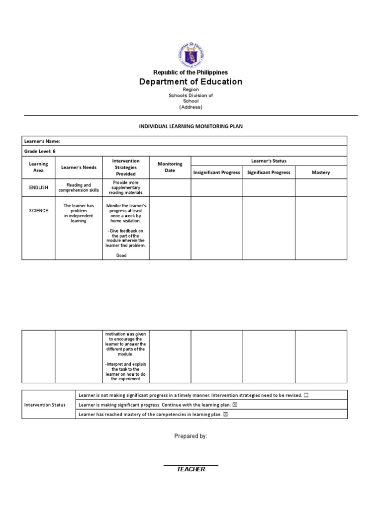 11 Individual Learning Monitoring Plan | Download Free PDF | Learning ...