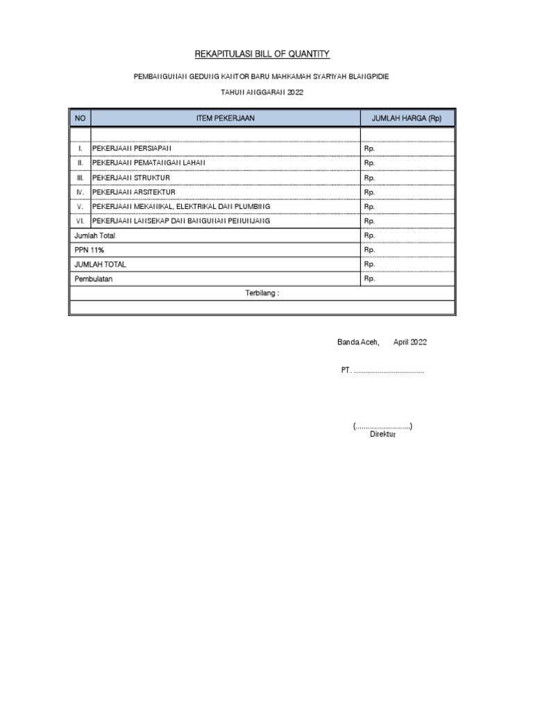 Contoh Boq Penawaran Blangpidie | PDF