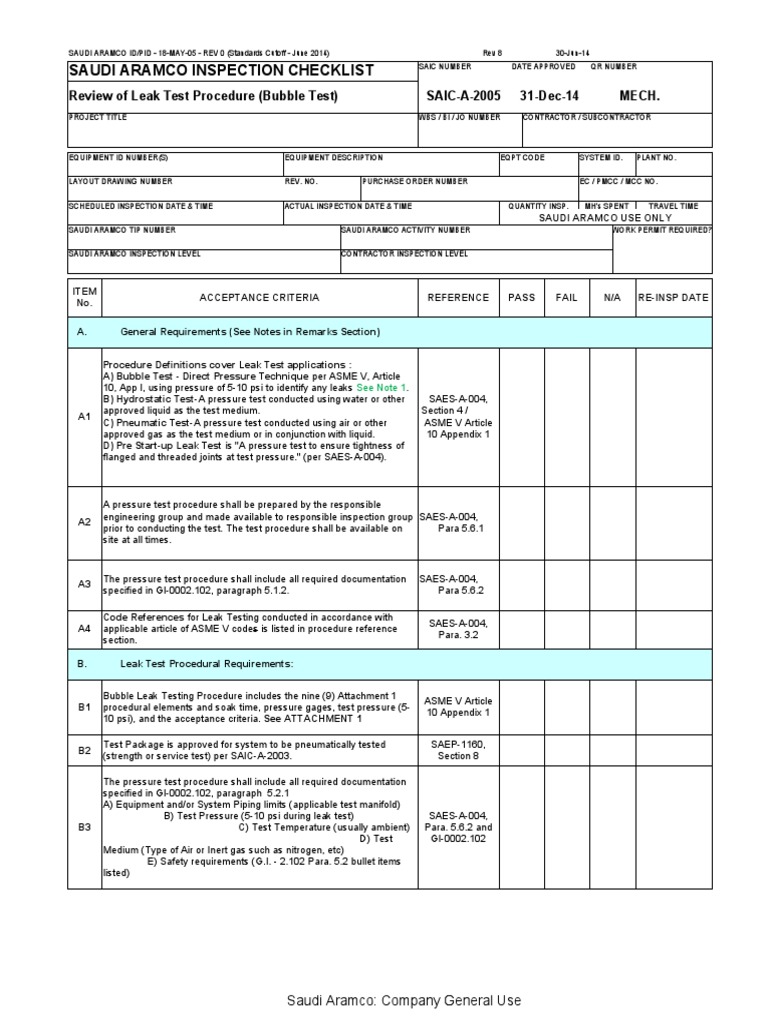 SAIC-A-2005 Rev 8 | PDF | Leak | Mechanical Engineering