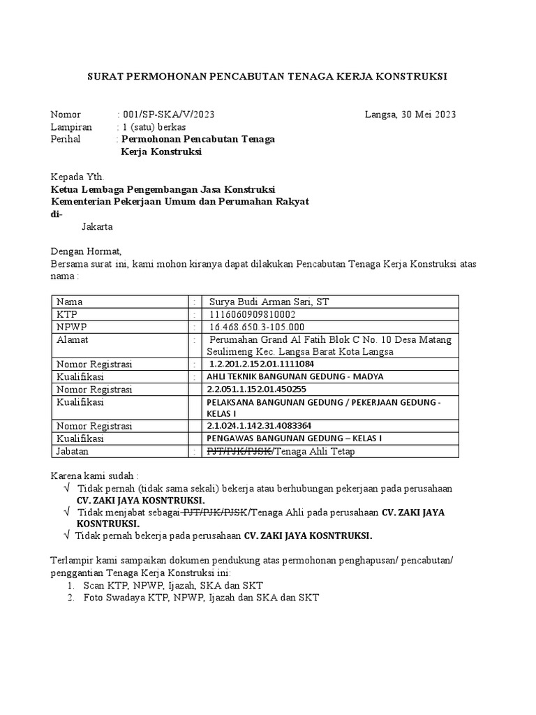 Permohonan Pencabutan SKK Konstruksi | PDF