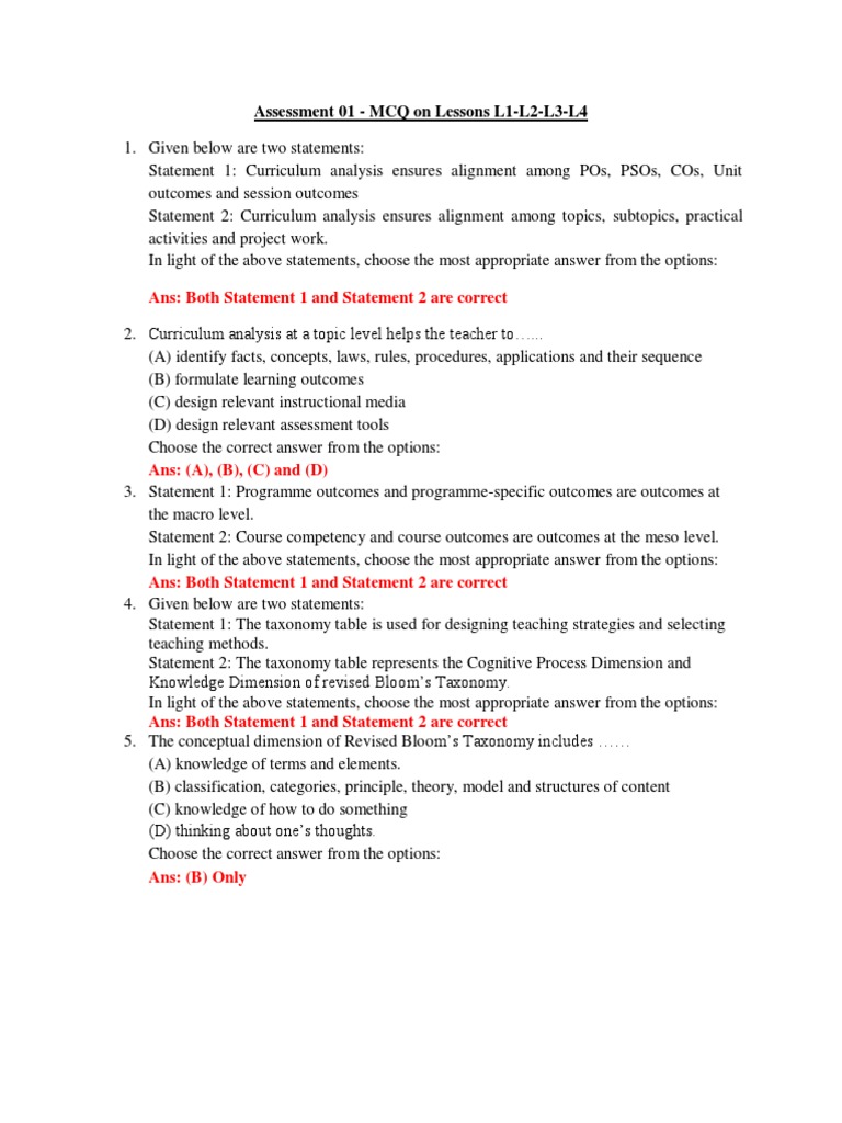 Assessment 01 - MCQ On Lessons L1-L2-L3-L4 | PDF | Teaching Method ...