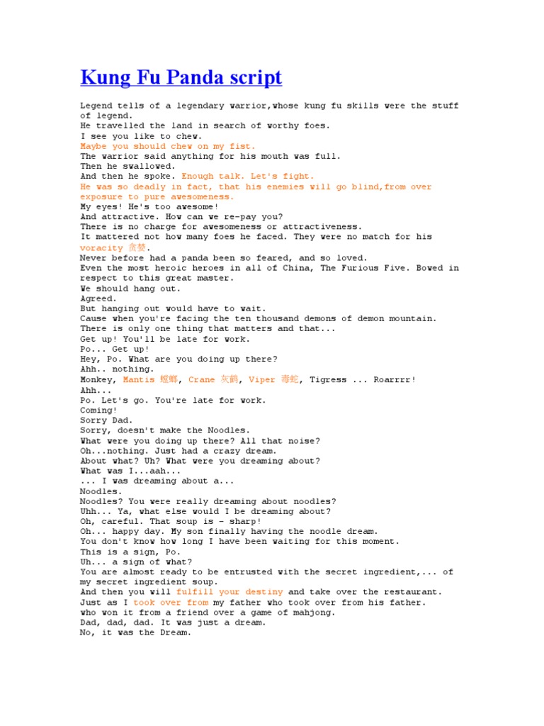 Kung Fu Panda Script | PDF | Leisure