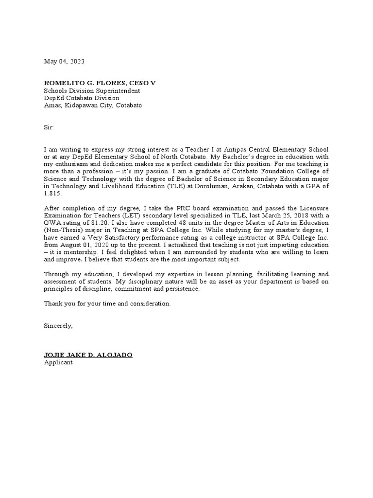 Application Letter To DepEd, Elementary | PDF