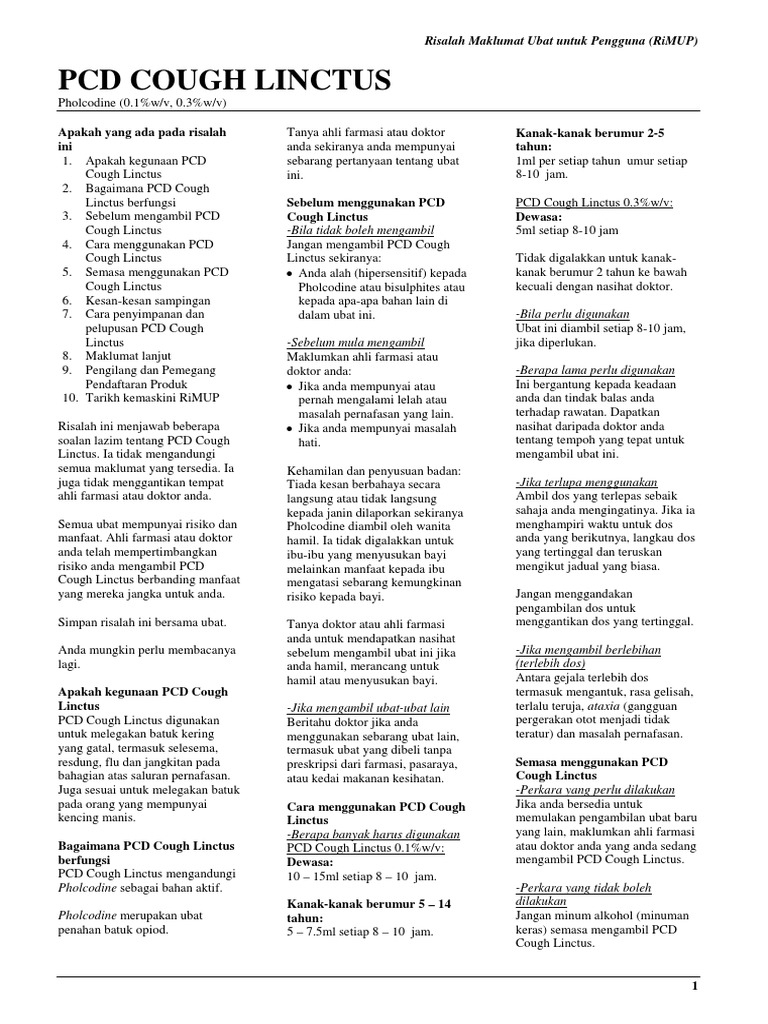 PCD Cough Linctus Pholcodine HOE PHARMACEUTICALS SDN BHD 5jul2017 BM | PDF