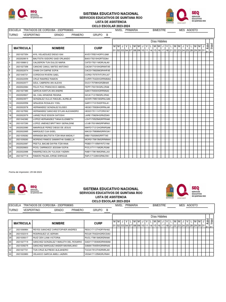 Sistema Educativo Nacional: Servicios Educativos de Quintana Roo Lista de Asistencia CICLO ...
