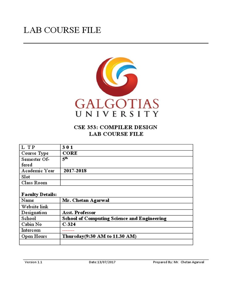 Compiler Lab (CSE353) Lab Course File | PDF | Parsing | Compiler Compiler Lab (CSE353) Lab Course File | PDF | Parsing | Compiler
