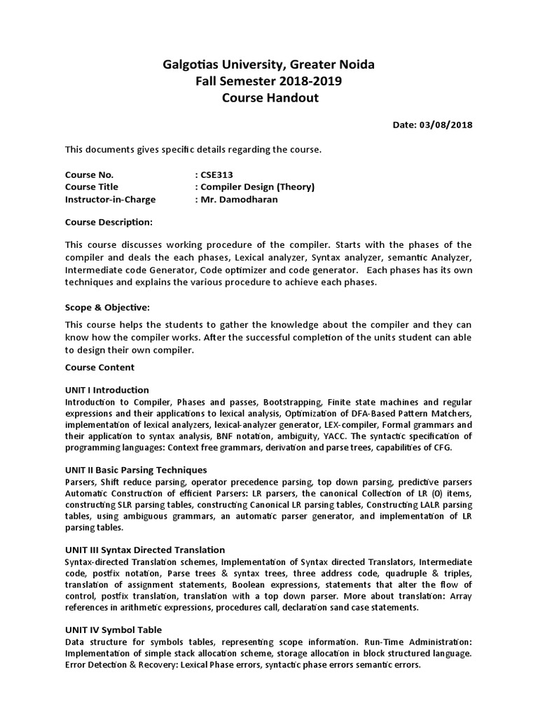 CSE313 - Compiler Design - Handout | PDF | Parsing | Compiler CSE313 - Compiler Design - Handout | PDF | Parsing | Compiler