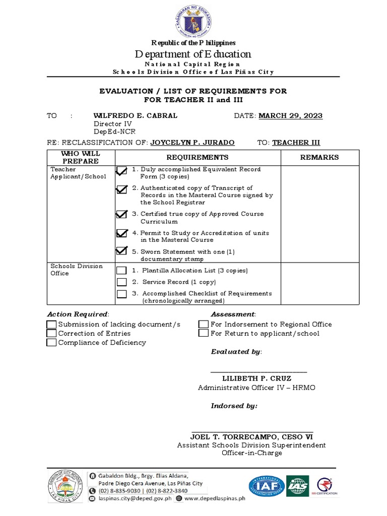 Teacher II and III Reclassification Requirements | PDF
