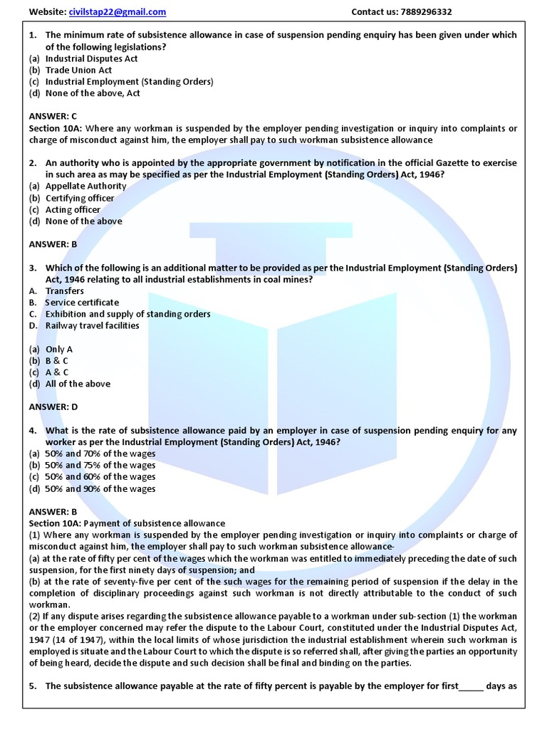 Industrial Relations and Labour Laws MCQs Test. Answers | PDF | Strike ...