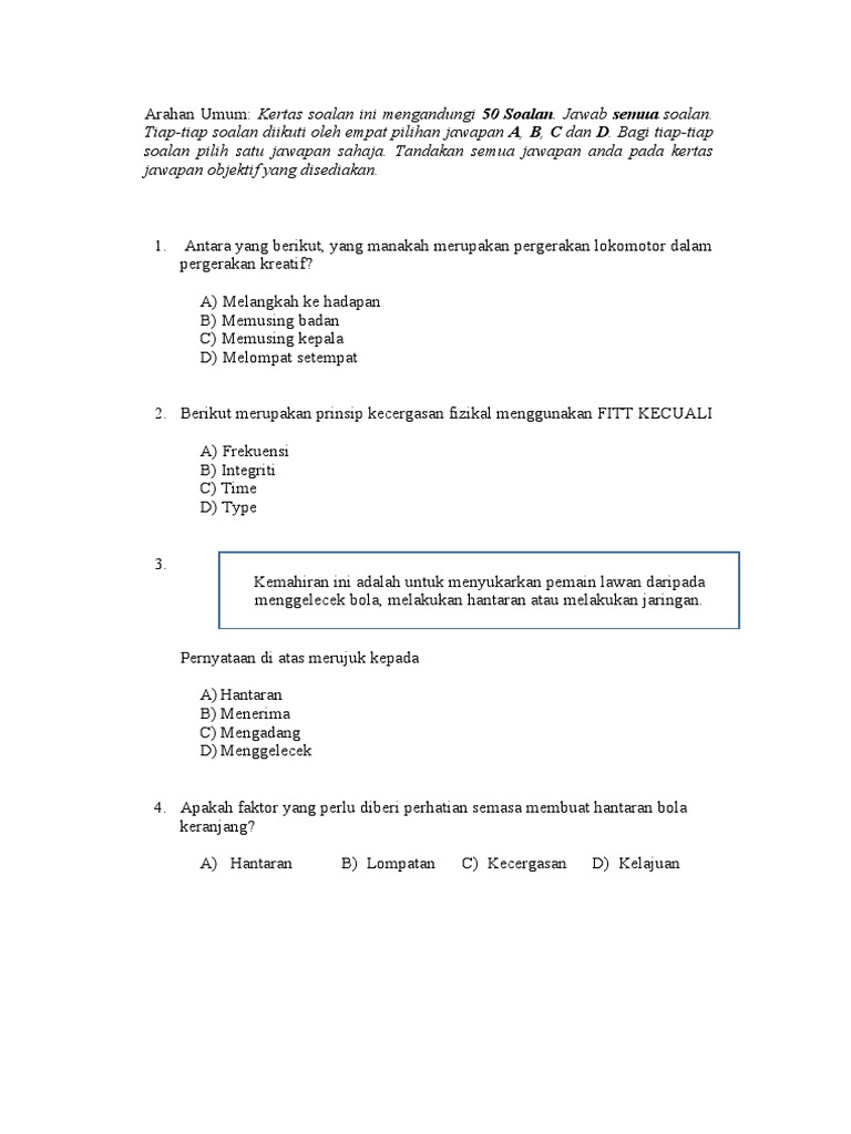 Soalan Exam PJK Awal Tahun | PDF