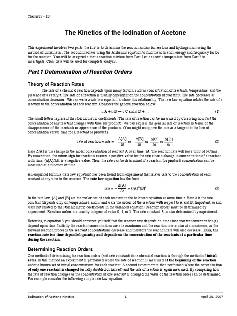 Iodination of Acetone Kinetics Study | PDF | Reaction Rate | Chemical ...