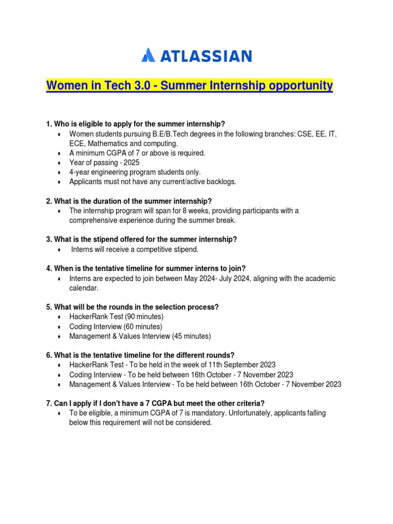 FAQ Document - Atlassian - Women in Tech 3.0 | PDF | Internship | Job ...