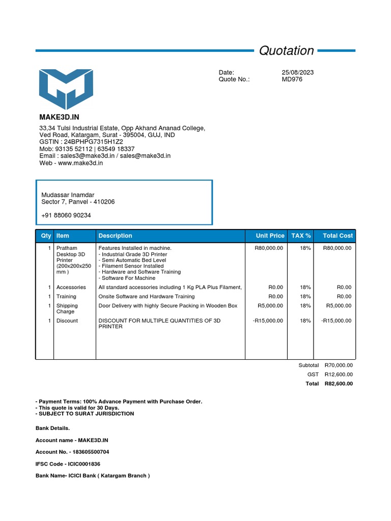 3D Printer Quotation from MAKE3D.IN | PDF