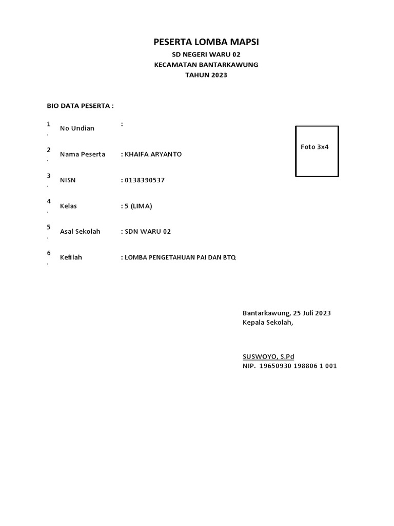 Form Peserta Lomba Mapsi | PDF