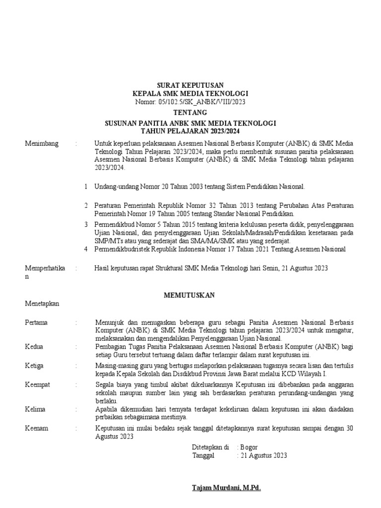 Surat Keputusan Panitia Anbk | PDF