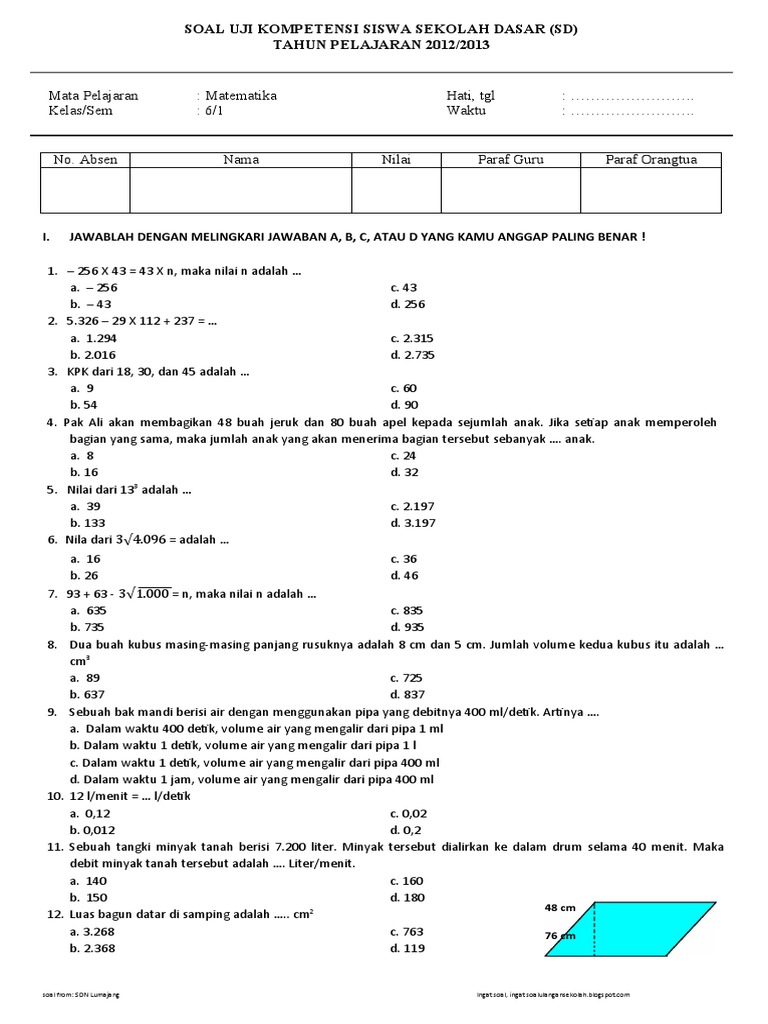 Soal Uts Matematika Semester Ganjil Kelas 6 | PDF