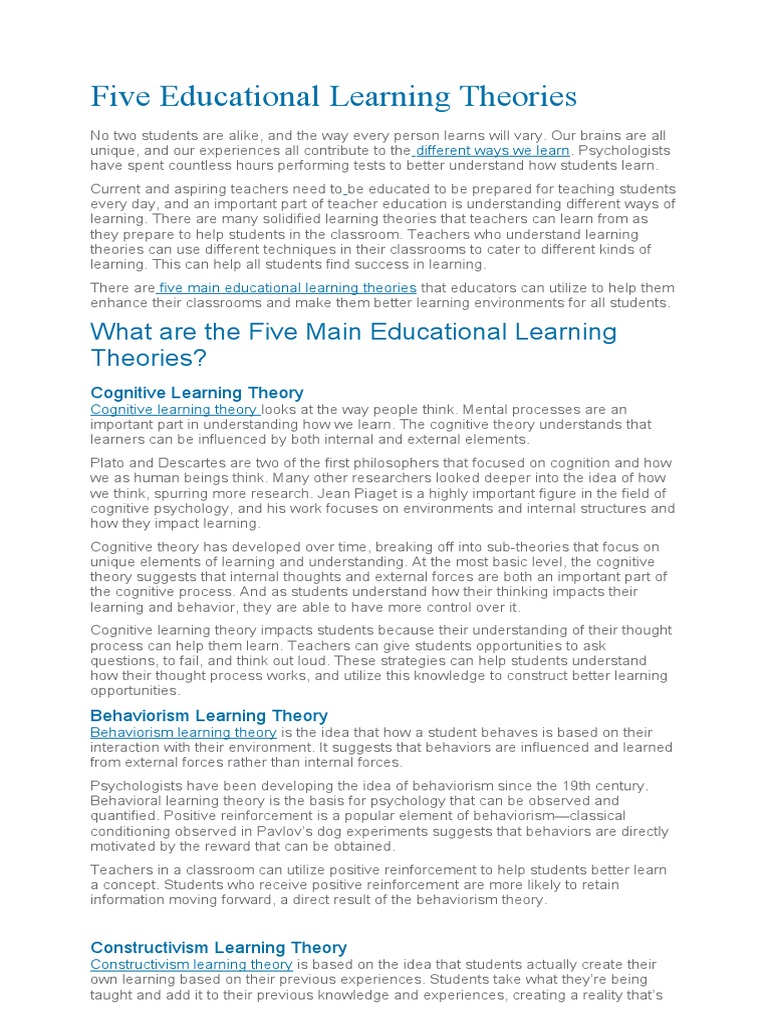 Five Educational Learning Theories | PDF | Learning Theory (Education) | Constructivism ...
