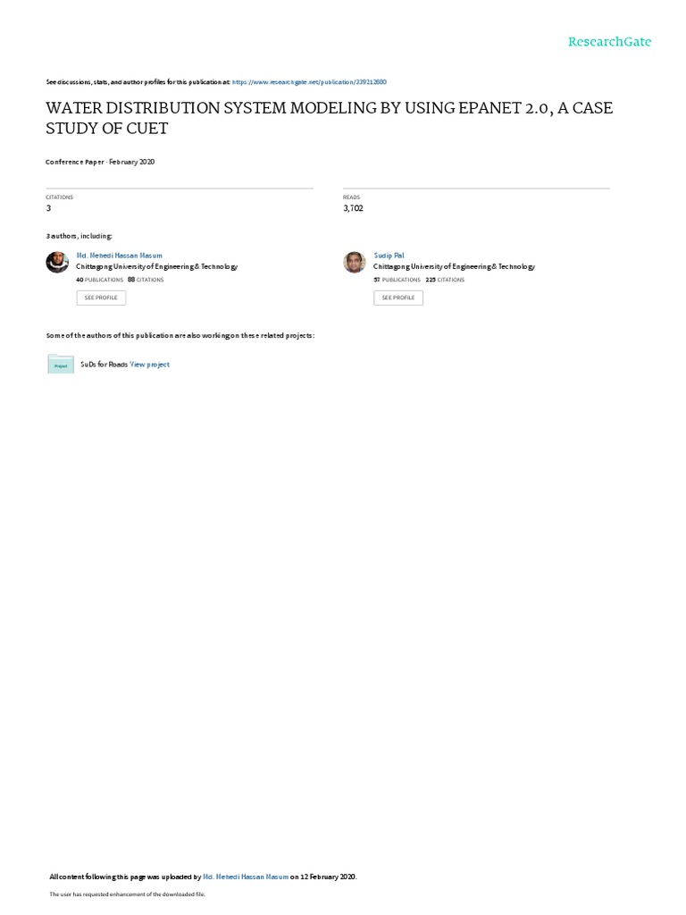 Water Distribution System Modeling by Using Epanet 2.0, A Case Study of Cuet | PDF | Water ...