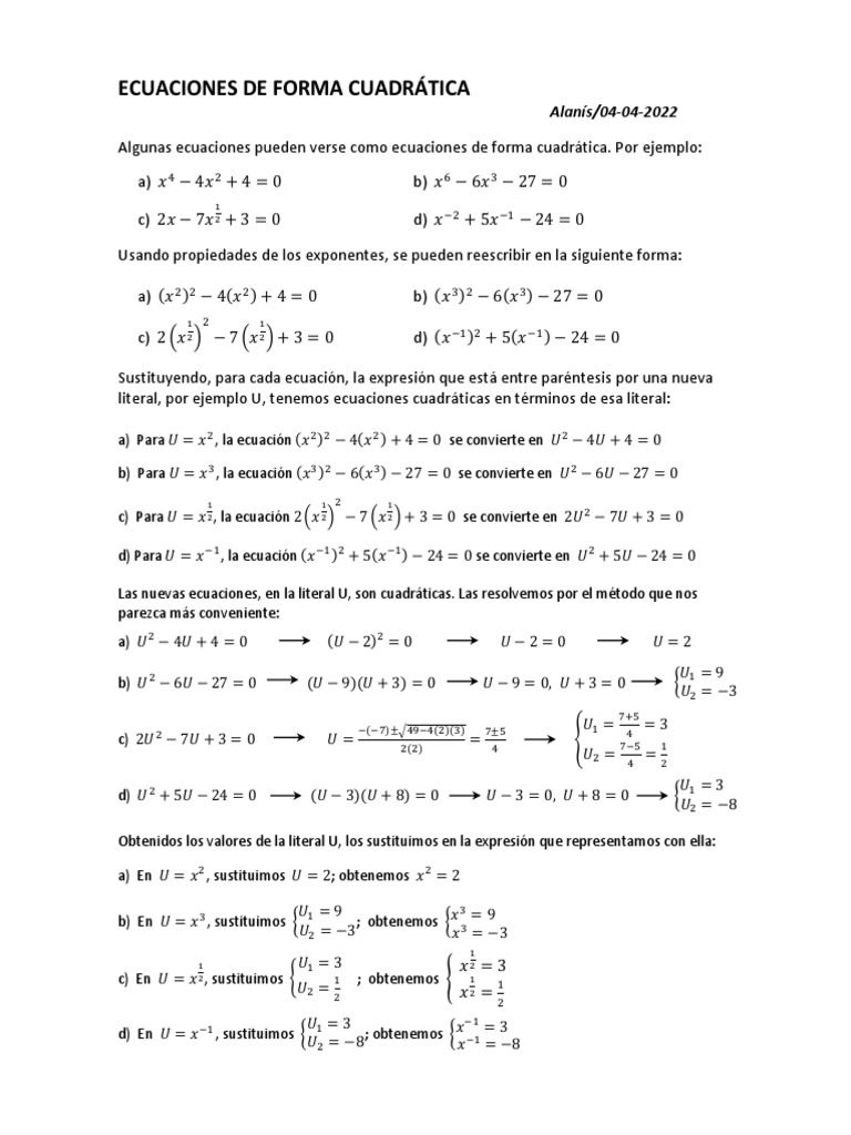 Ecuaciones de Forma Cuadrática | PDF | Ecuaciones | Análisis matemático