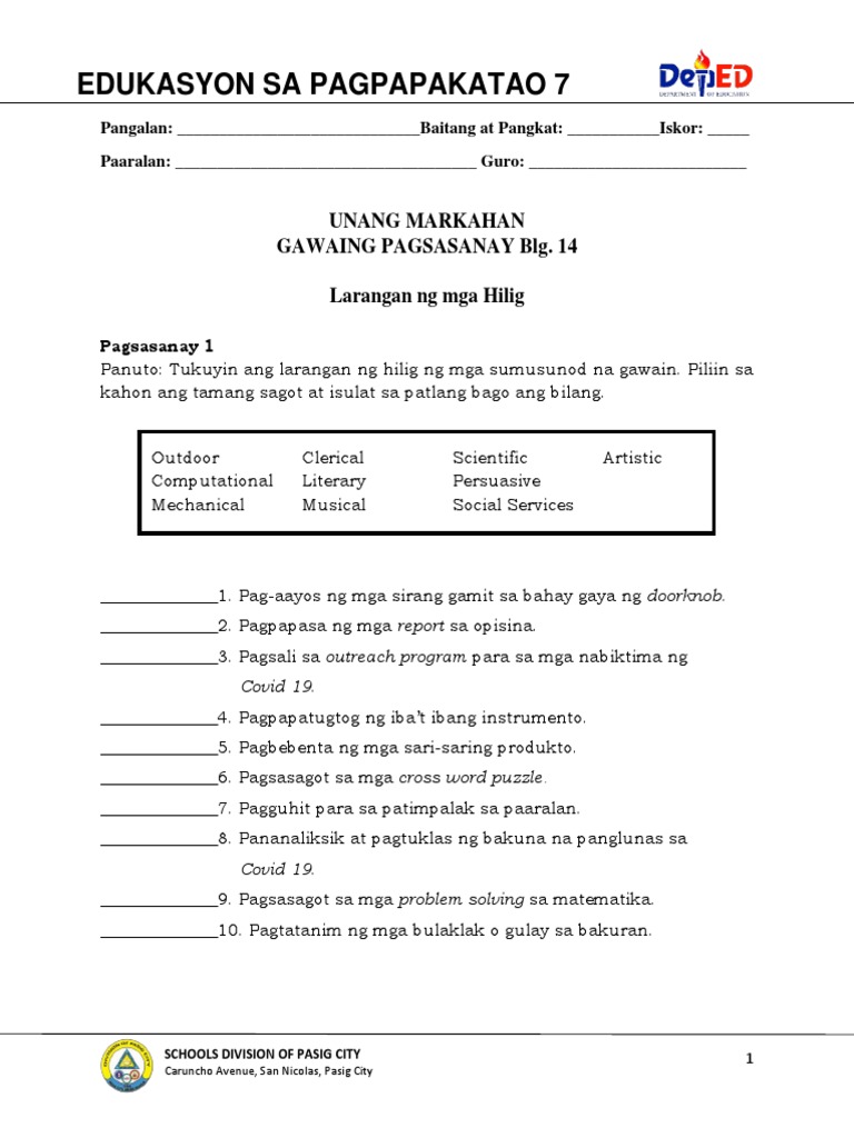 EsP 7 Q1 G.Pagsasanay 14 | PDF