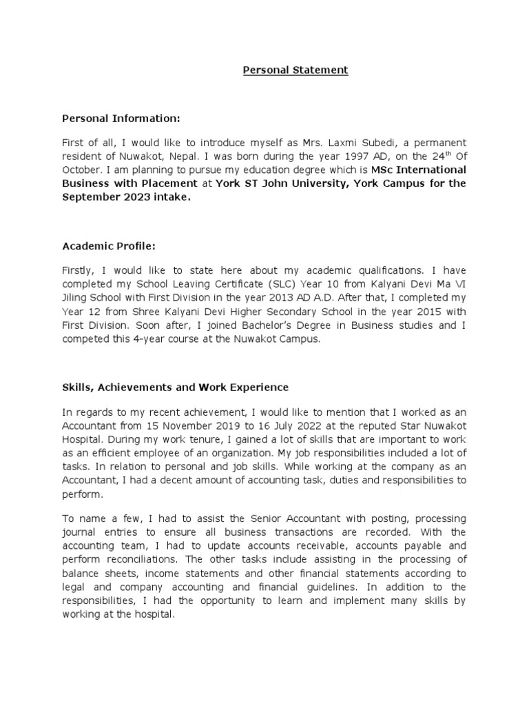 Laxmi Subedi-SOP (YSJ YORK) | PDF
