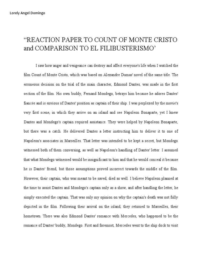REACTION PAPER TO COUNT OF MONTE CRISTO and COMPARISON TO EL ...