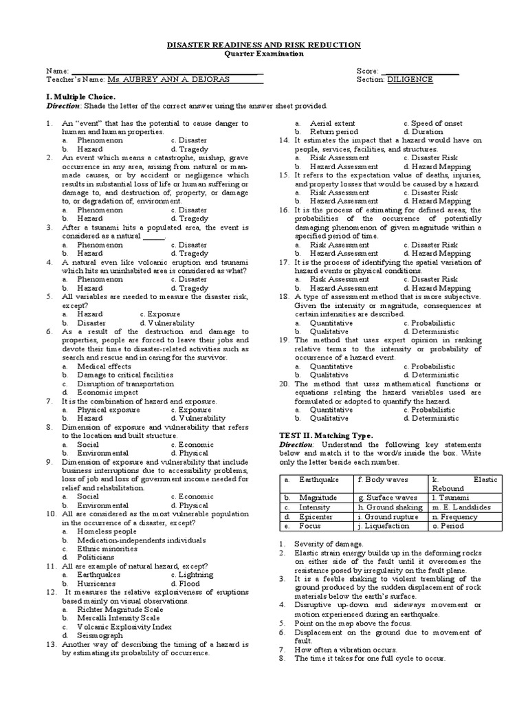 Disaster Readiness and Risk Reduction 1st Quarter Exam | PDF | Earthquakes | Hazards