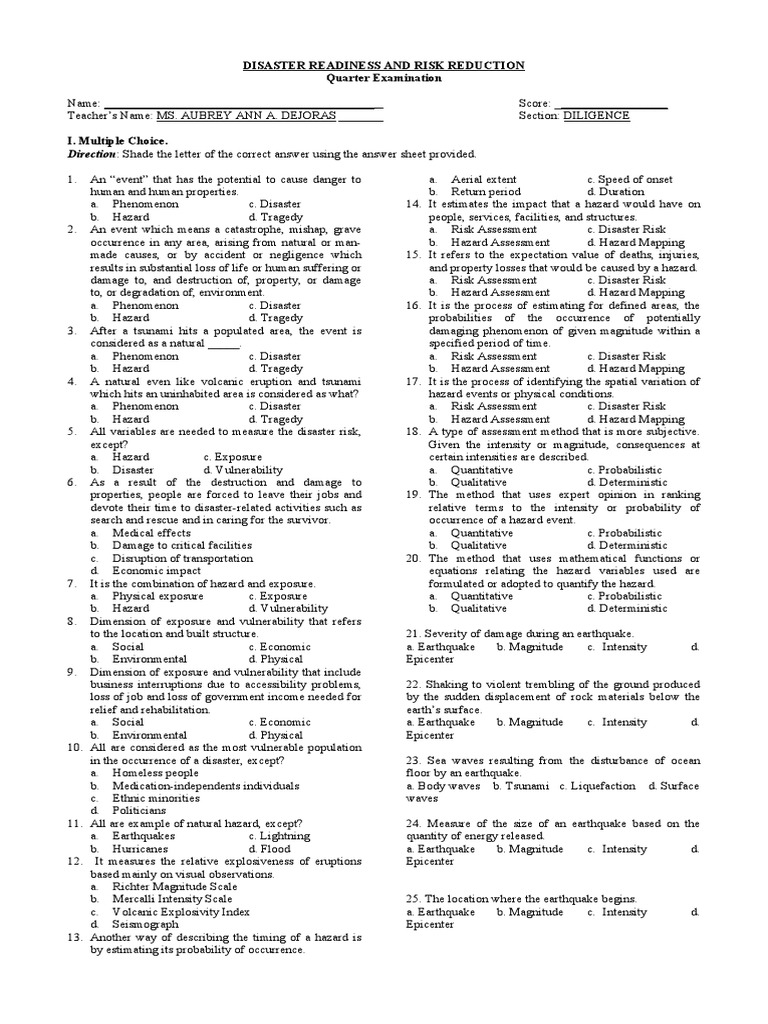 Disaster Readiness Exam | PDF | Hazards | Earthquakes