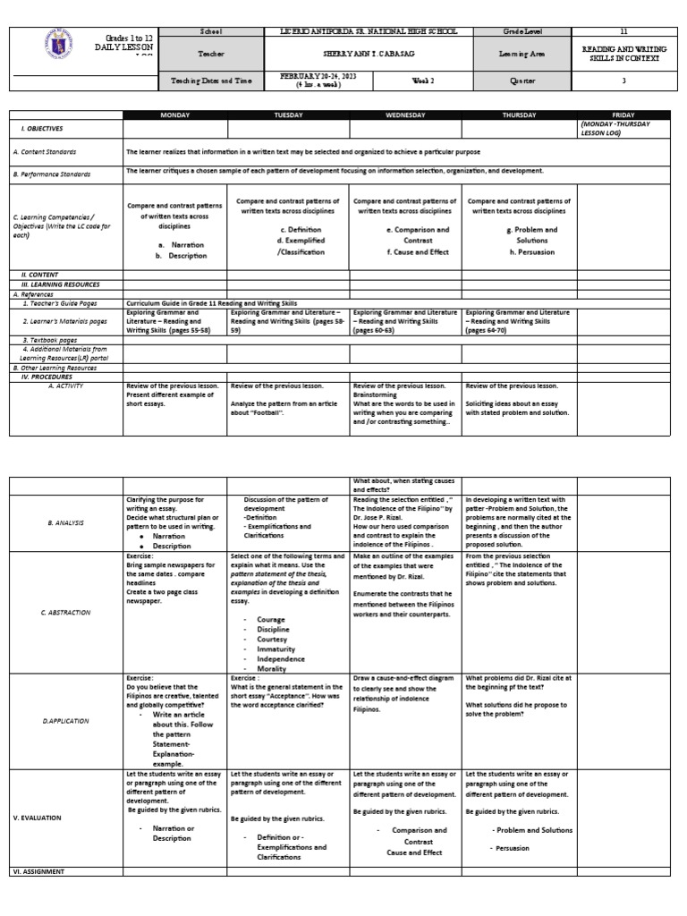 Grade 11 Reading & Writing Lesson Plan | PDF