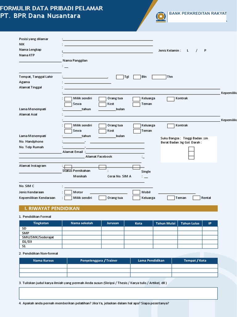 BPR DANUS Form Data Pelamar | PDF