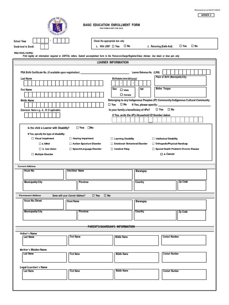 Annex Basic Education Enrollment Form | PDF