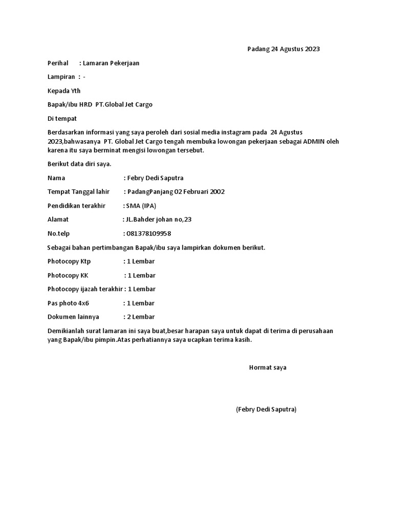 Lamaran Pekerjaan Admin J&T Cargo | PDF