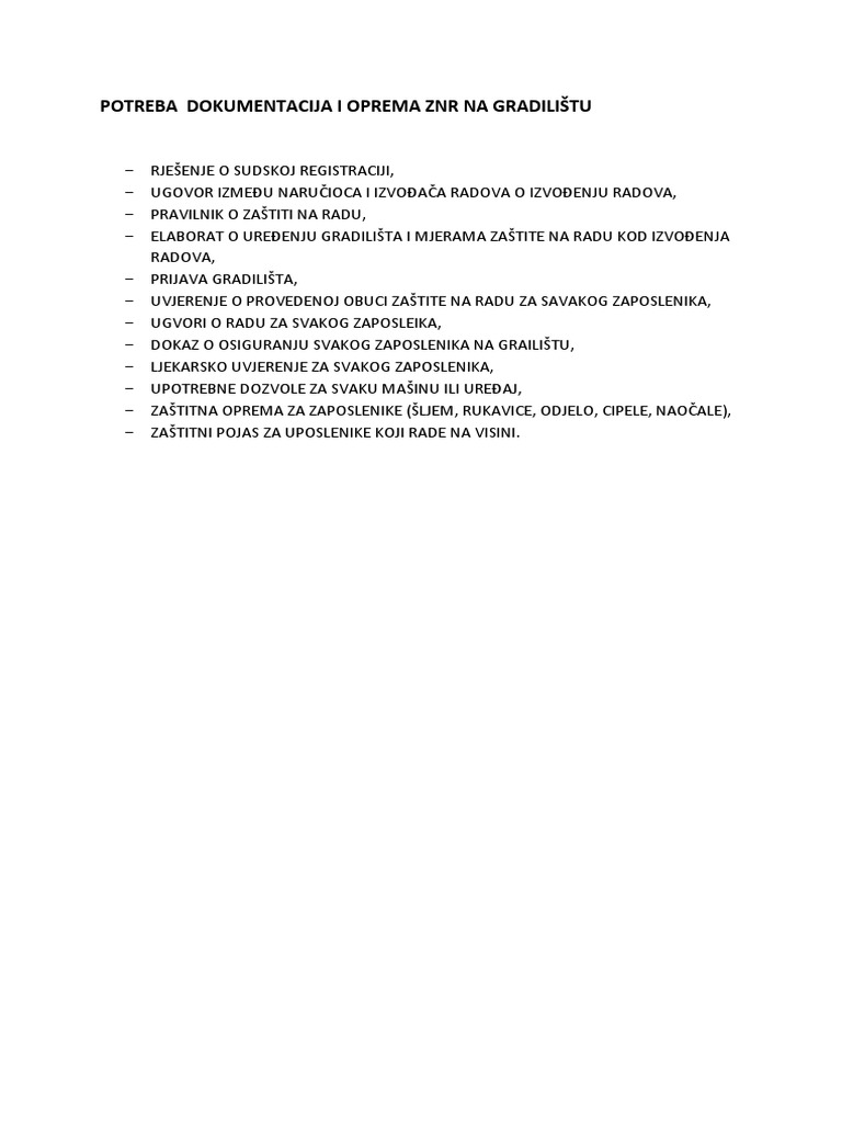 Potrebna Dokumentacija I Oprema ZNR Na Gradilištu | PDF