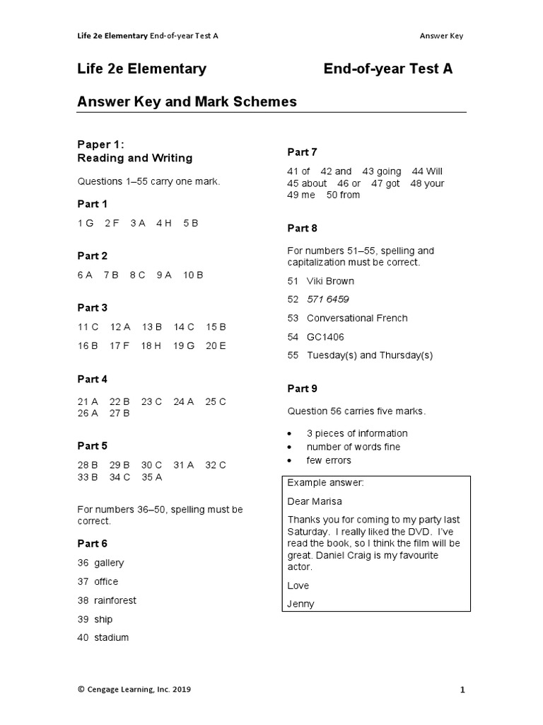 Life 2e Elementary Test Answer Key | PDF