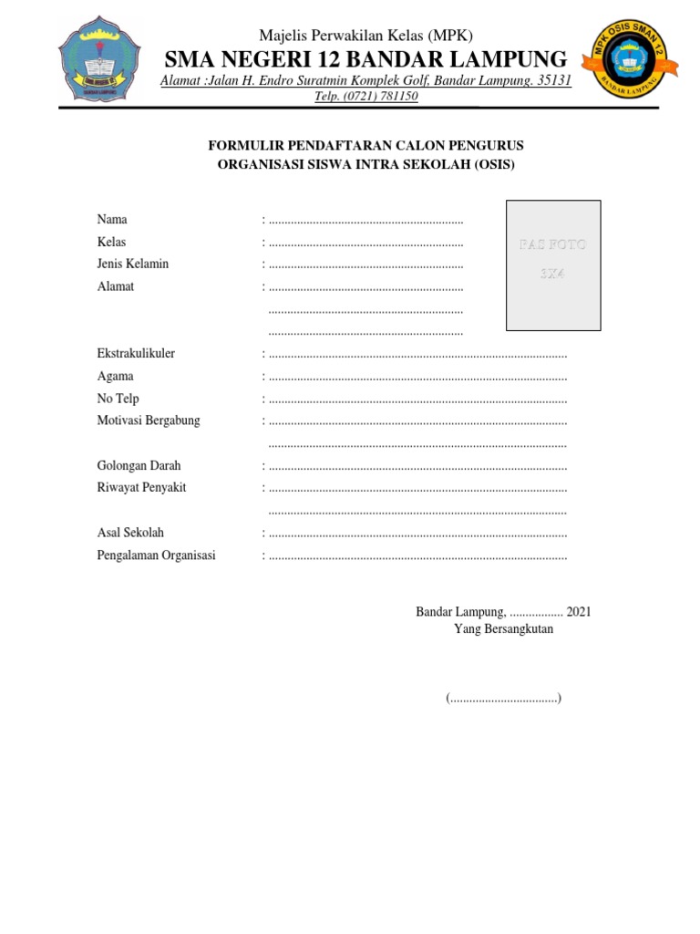 Formulir Pendaftaran Calon Pengurus Osis | PDF Formulir Pendaftaran Calon Pengurus Osis | PDF