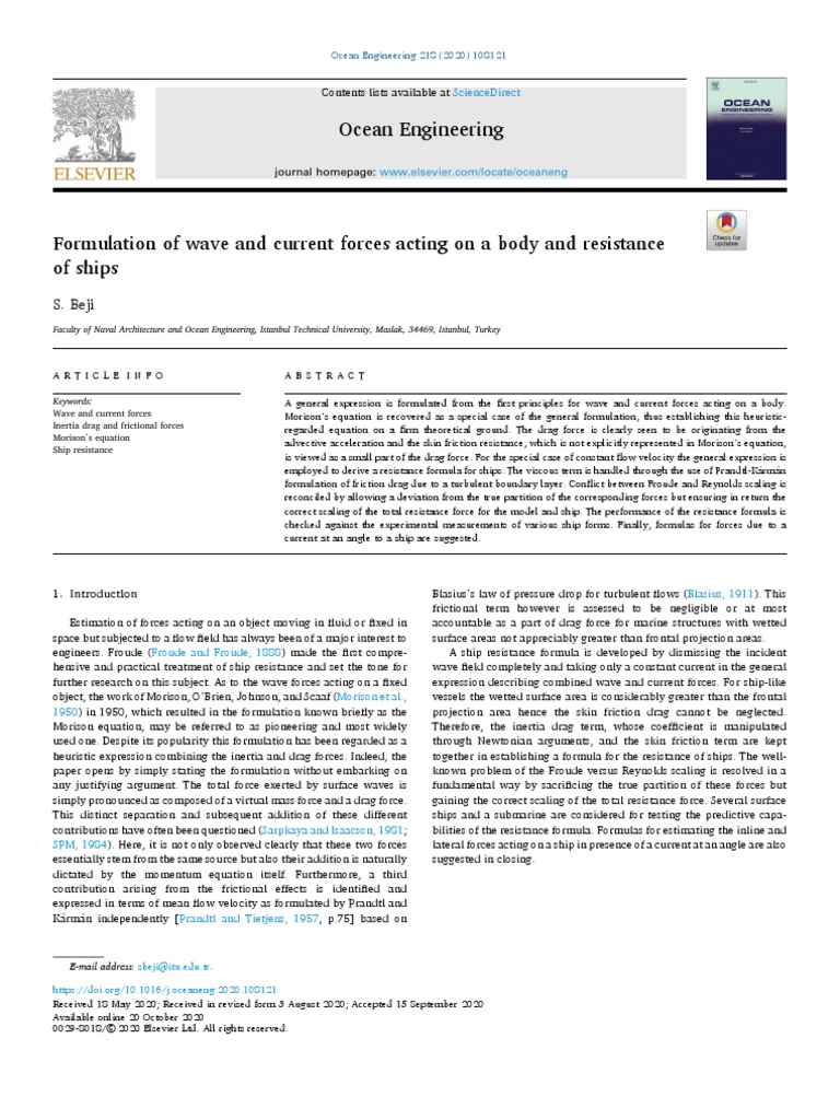 Formulation of Wave and Current Forces Acting On A Body and Resistance ...