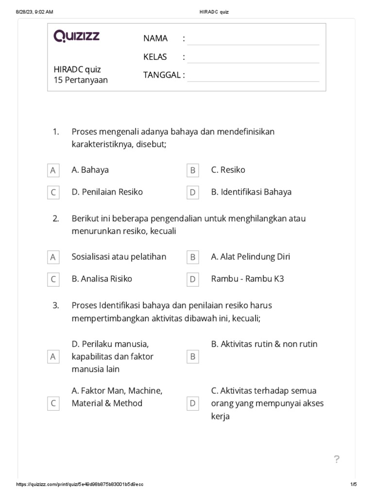 Kuis HIRADC untuk Pelajar K3 | PDF