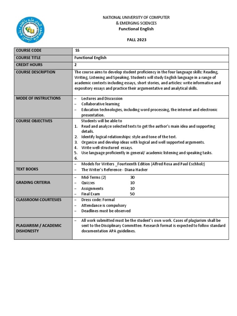 Functional English Course Outline Fall 2023 | PDF