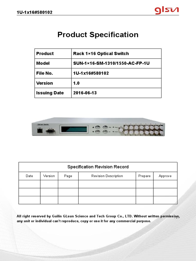 1u 1x16 Rack Mounted Optical Switch Data Sheet 580102 | PDF