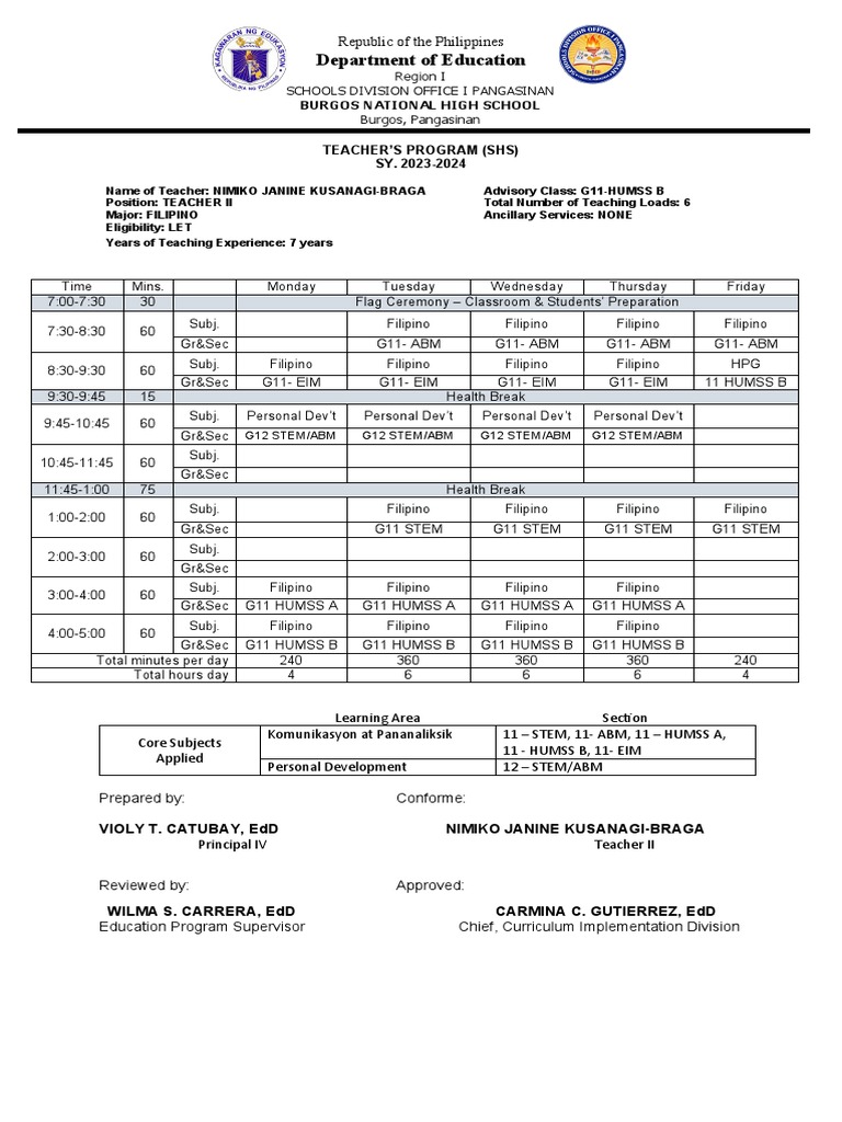 Teacher's Program for SHS 2023-2024 | PDF | Teachers | Science ...