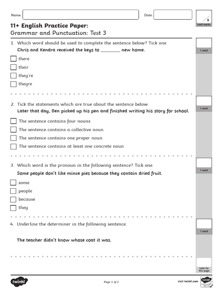 11+ English Grammar & Punctuation Test 3 | PDF