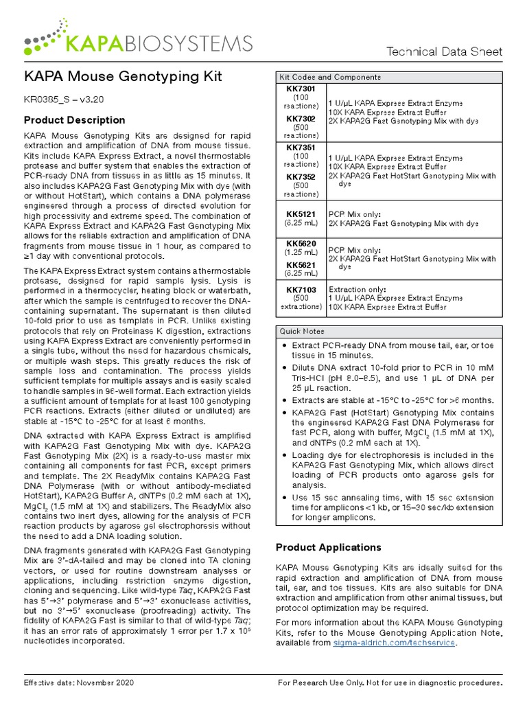 KAPA Mouse Genotyping Kit Overview | PDF