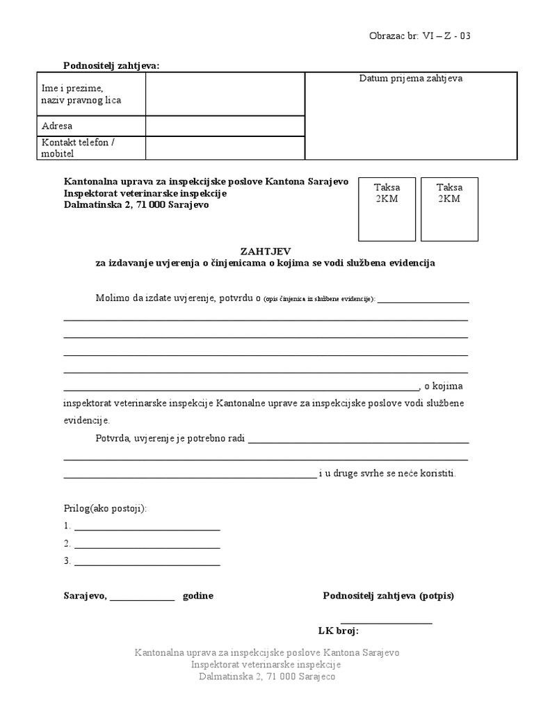 Zahtjev Za Izdavanje Uvjerenja o Cinjenicama o Kojima Se Vodi Sluzbena ...