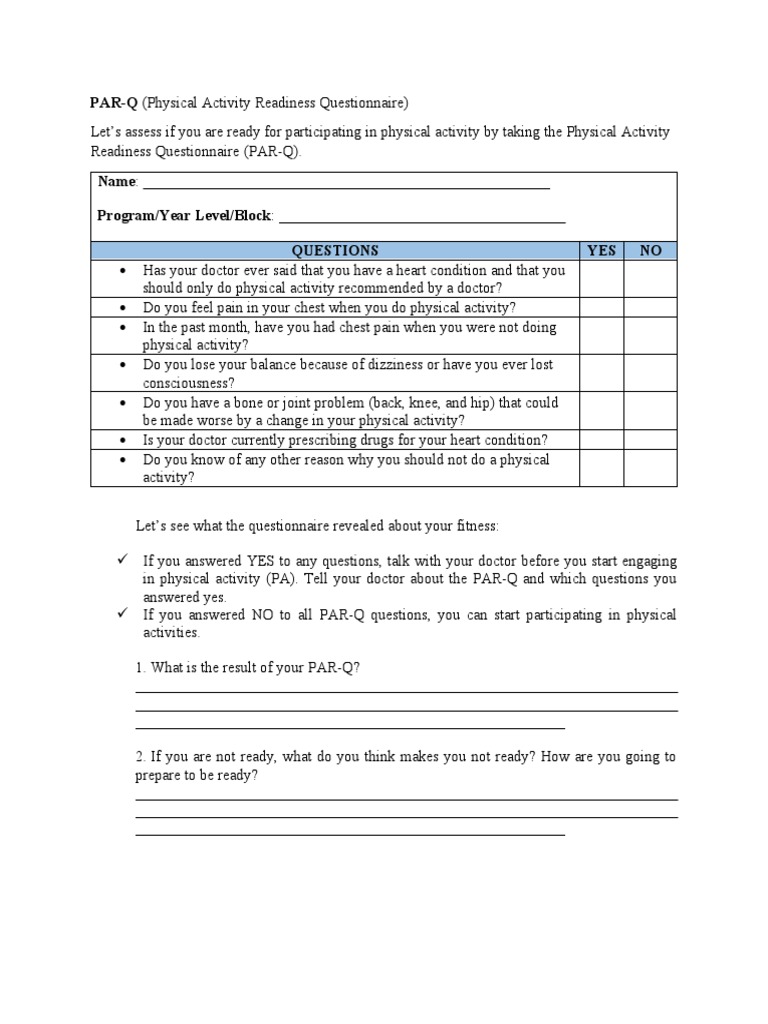 PAR-Q Readiness Assessment Guide | PDF | Wellness | Lifestyle