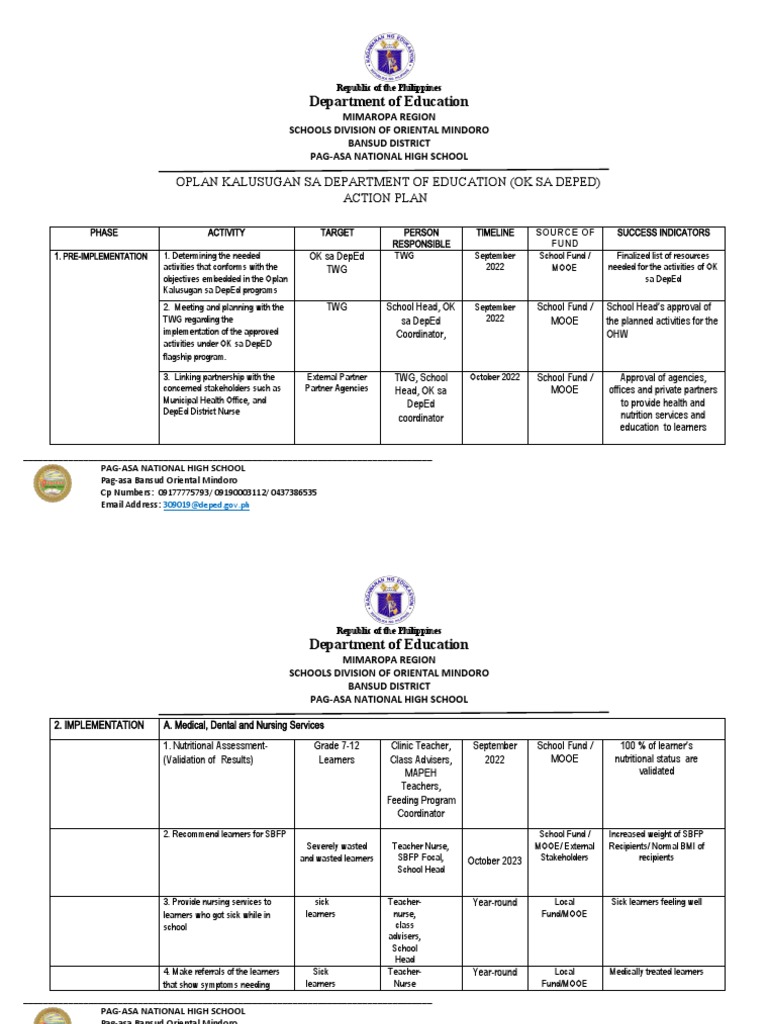 Action plan-OK Sa DepEd | PDF | Health Sciences | Health Care