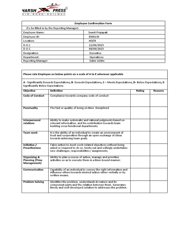 Employee Confirmation Form-Sumit P | PDF | Cognition | Behavioural Sciences