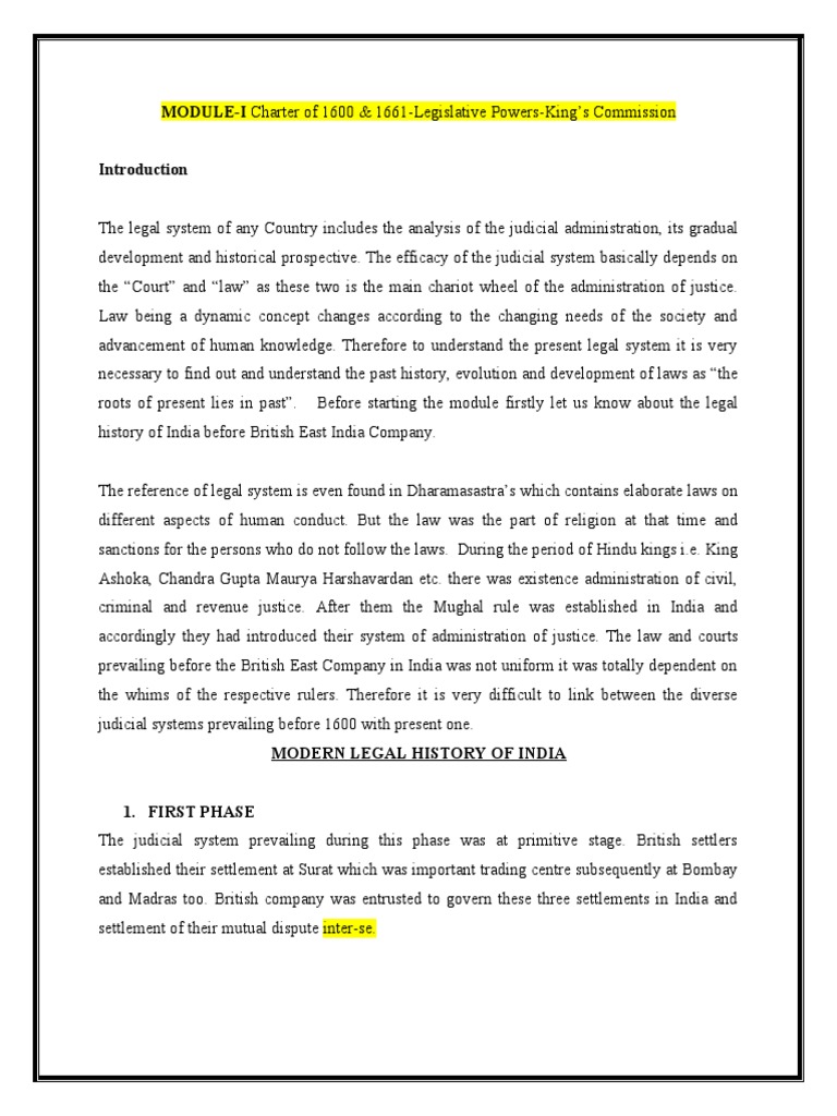 MODULE-I Charter of 1600 & 1661-Legislative Powers-King's Commission ...