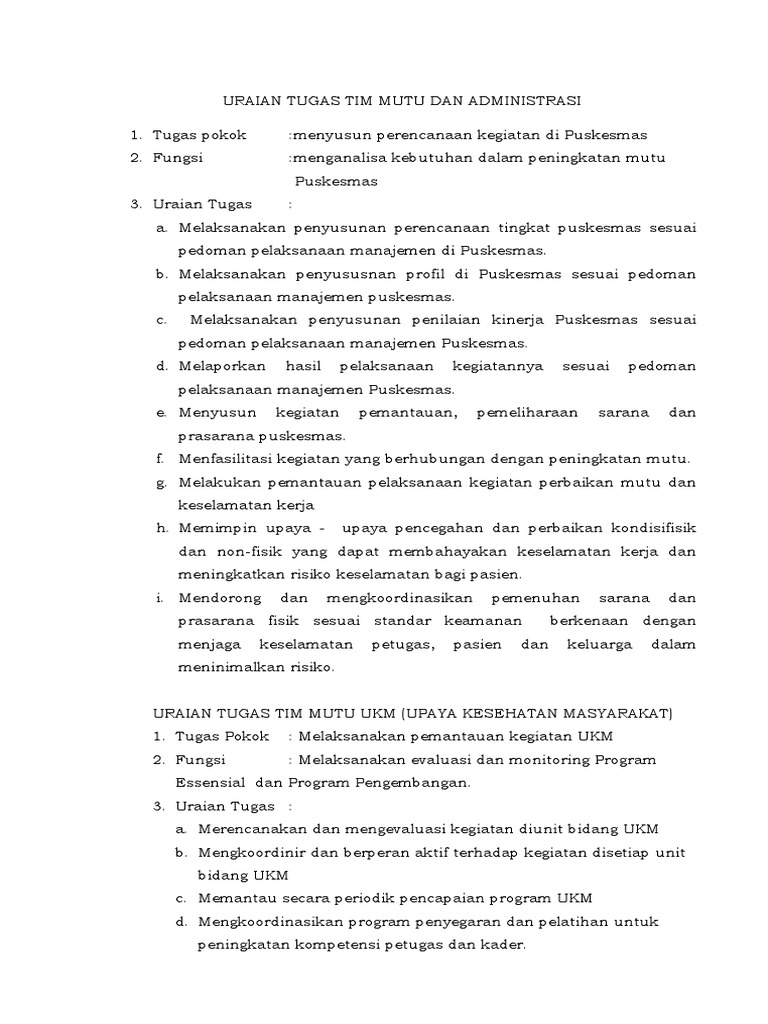 Uraian Tugas Tim Mutu Dan Administrasi | PDF